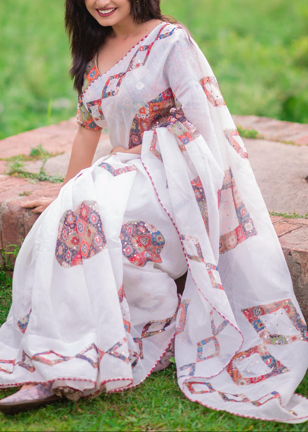 White Sequence Kasab Work Saree – KnotsofIndia